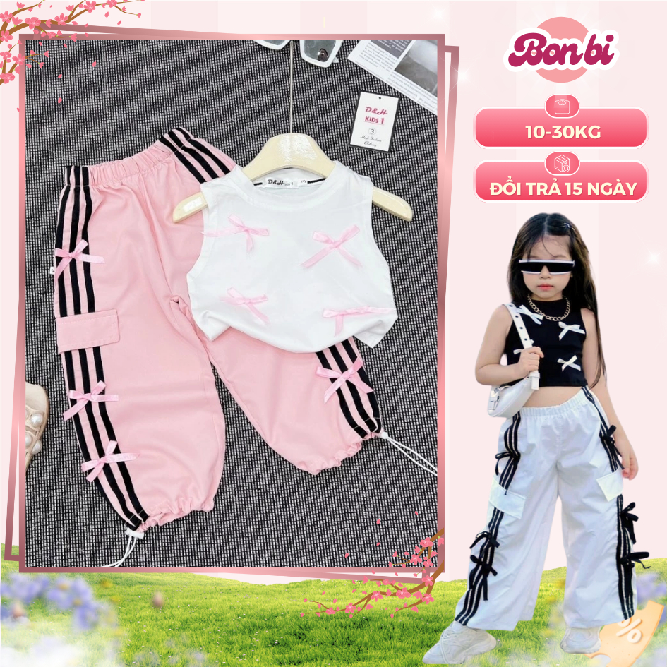[B43] Bộ quần áo bé gái Bonbi, Áo sát nách, quần suông chạy viền kèm nơ gắn nổi bật, phong cách ...