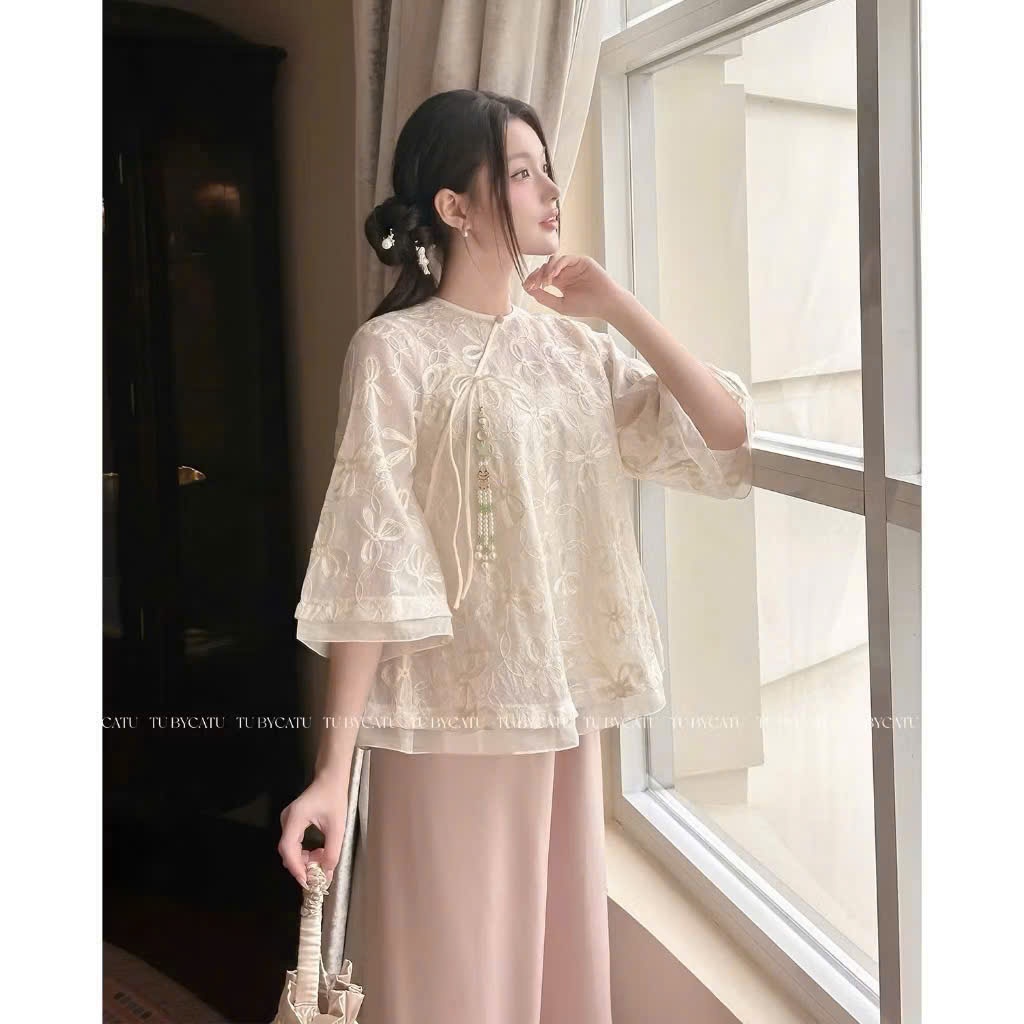 Sét lam 3 món thiết kế thanh lịch, sét áo babydoll tơ thêu hoa dập nổi ...