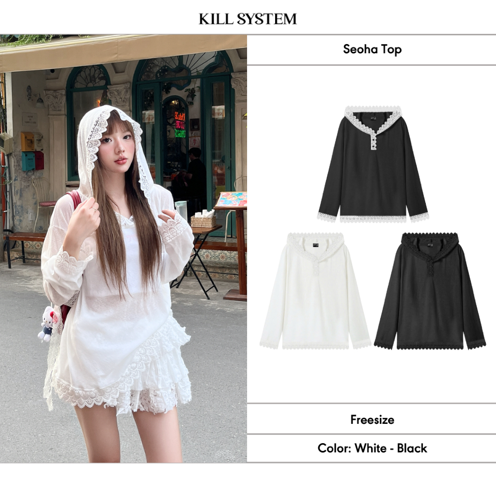[GIẢM 35%] Áo hoodie xuyên thấu Seoha viền ren màu trắng Kill System ...