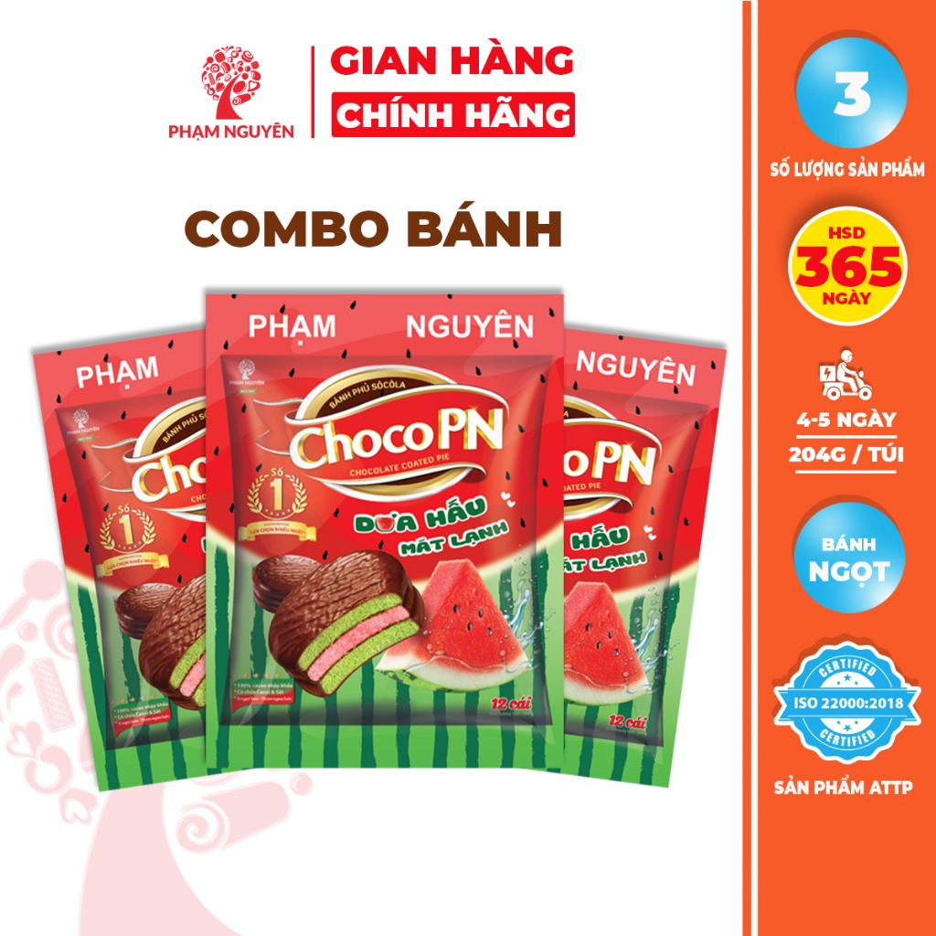 Combo 3 Túi Bánh phủ socola Choco PN Dưa Hấu 204g | Bánh ăn vặt Socola ...