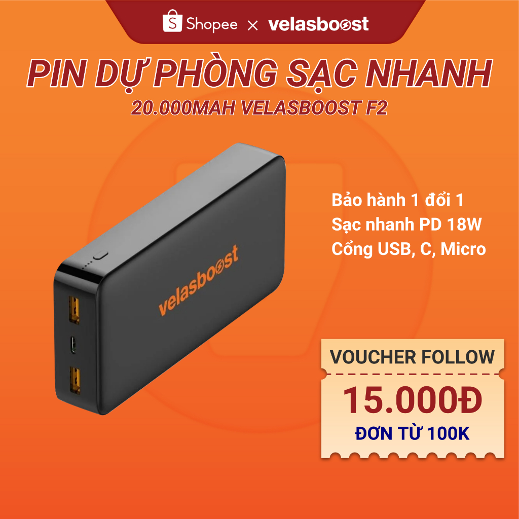 Pin dự phòng sạc nhanh 20.000mAh Velasboost F2, sạc nhanh 18W, sạc dự ...