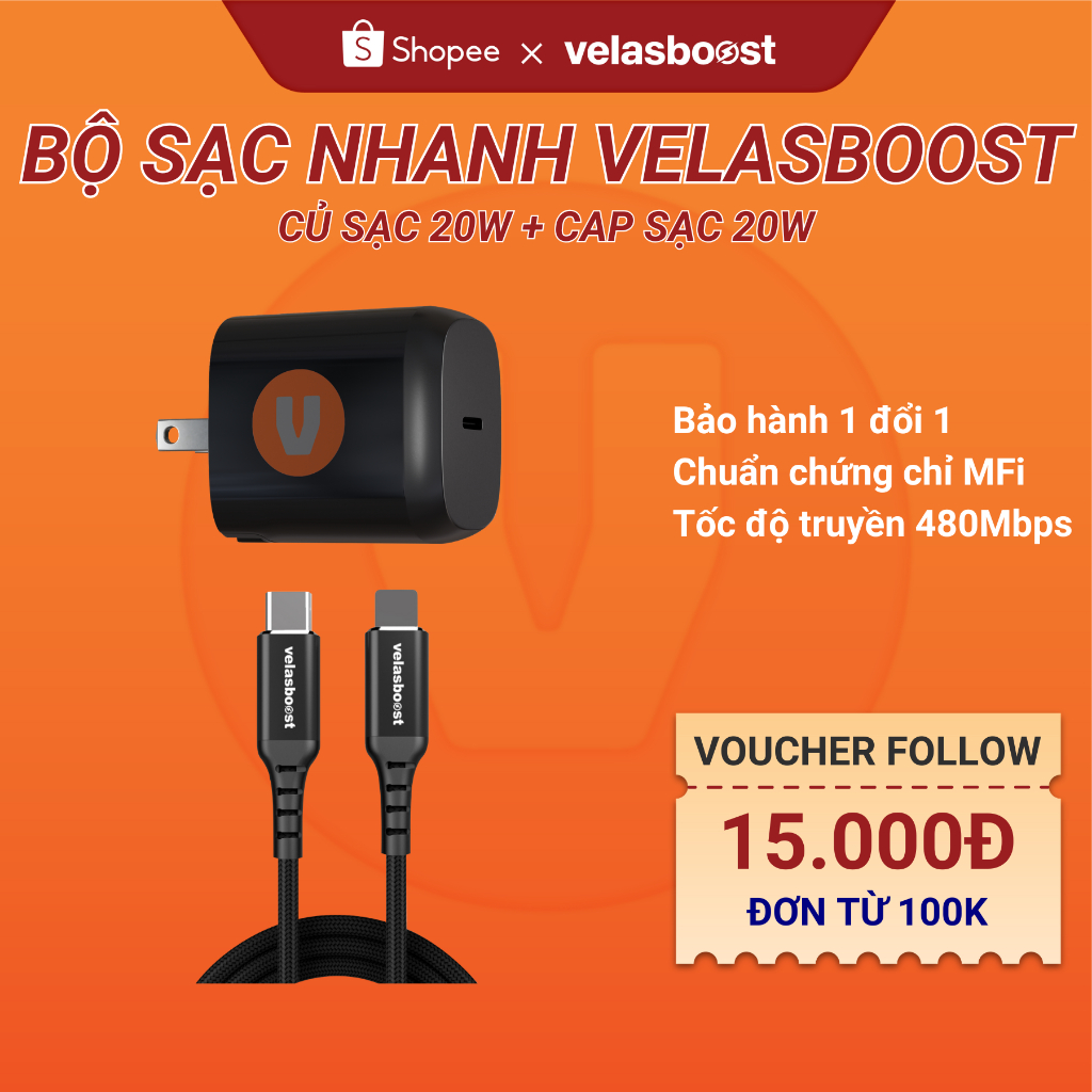 Bộ sạc nhanh PD Velasboost M.F.i 20W, Củ sạc 20W-C Chân Cố Định, Cáp C ...