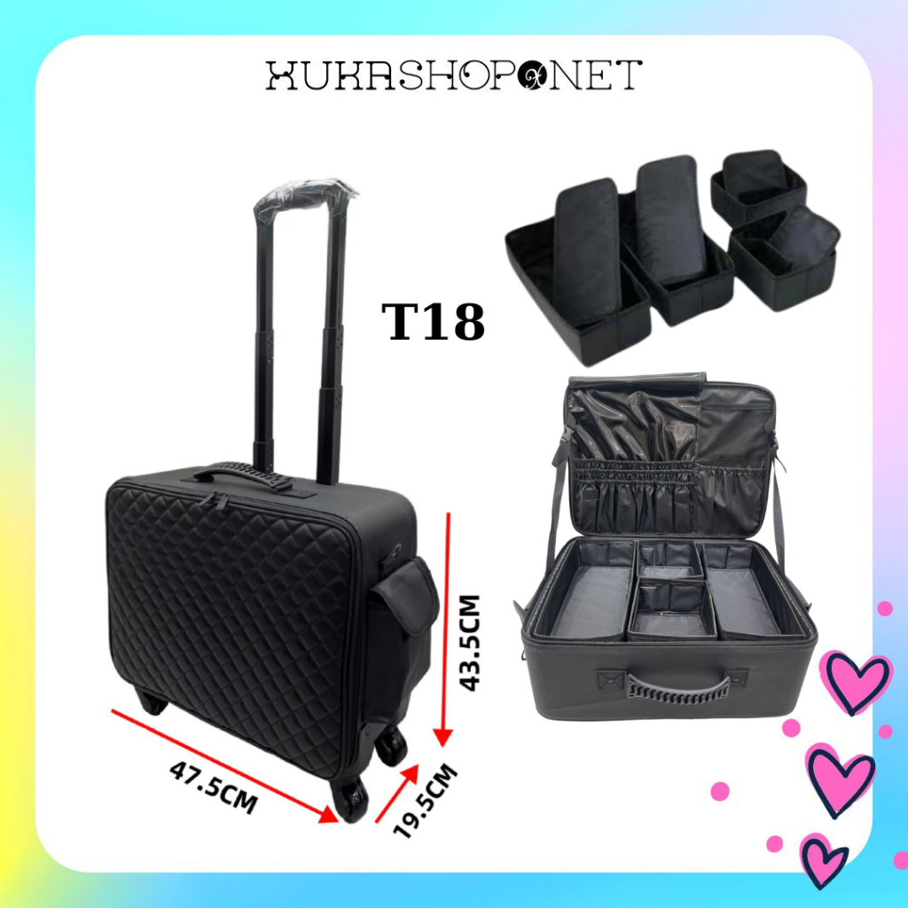 [Cốp da kéo T18 da caro] Cốp đựng đồ makeup da caro PU kéo Y26 4 túi chia ngăn, tiện lợi, đa ...