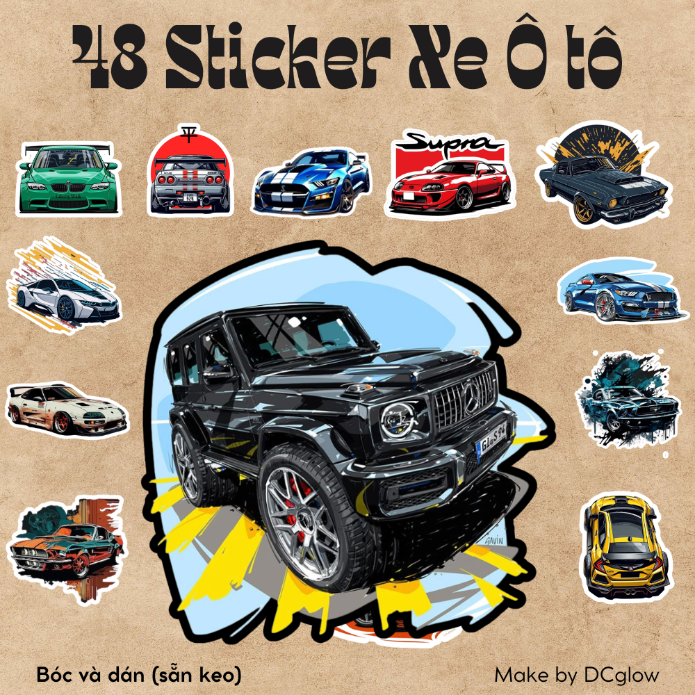 Set 48 Sticker siêu xe, trang trí ô tô xe đạp bóc dán cỡ 3-5cm quà sinh ...