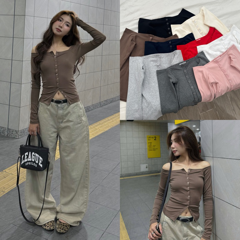 NANCY TOP - Áo Thun DEROSE Tay Dài Trễ Vai Full Nút Thiệt Tay Xỏ Ngón ...