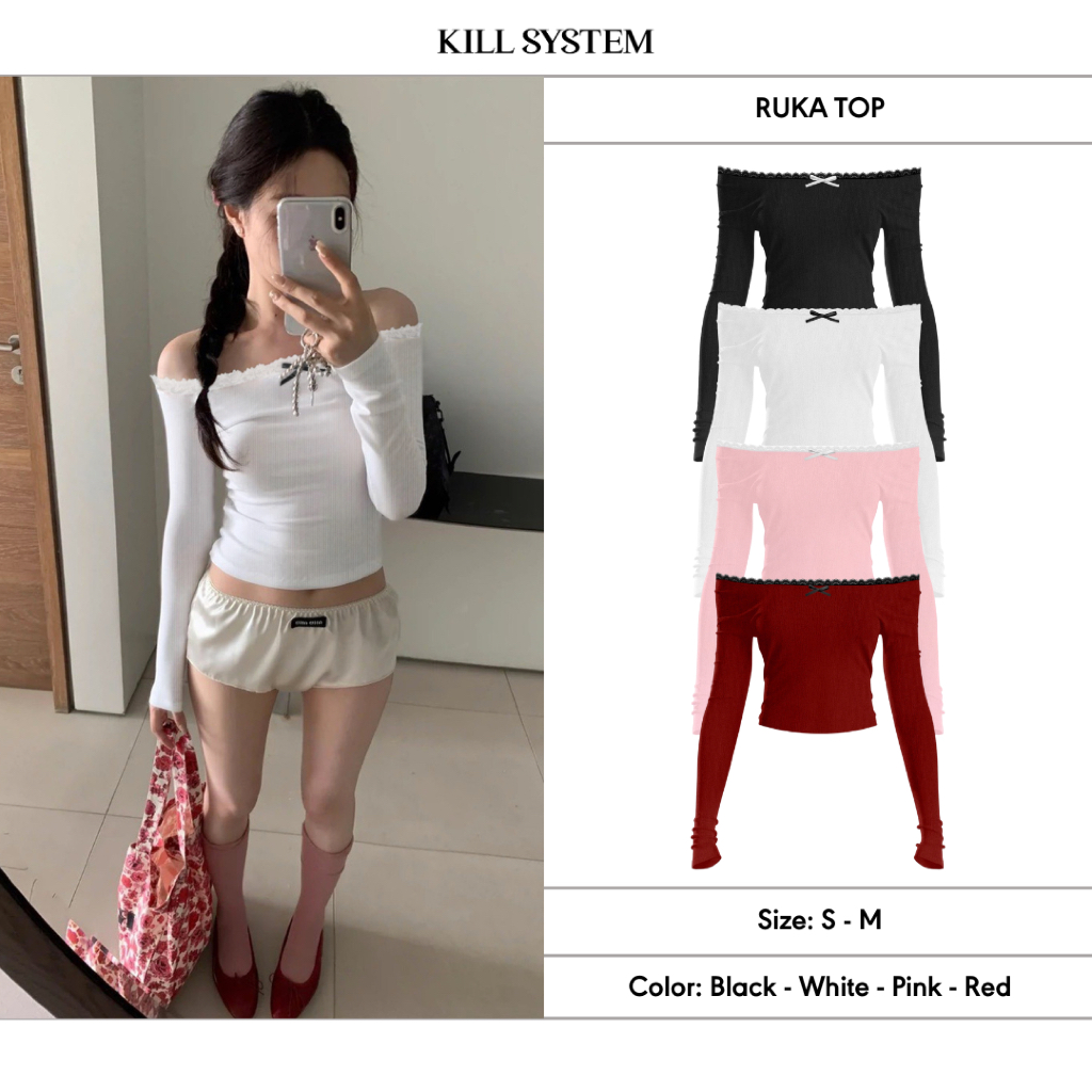 [MÀU MỚI VỀ] Áo trễ vai tay dài Kill System viền ren đính nơ Ruka | Shopee Việt Nam