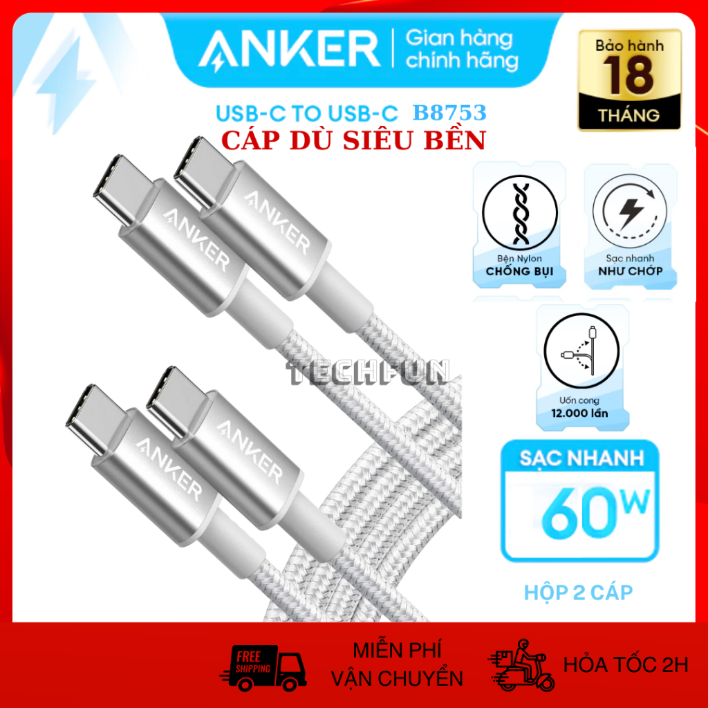Cáp Sạc Nhanh ANKER C to C 60W Dài 1.8m B8753 Siêu Bền Chống Đứt, Cáp Anker Sạc Nhanh Hộp 2 Cáp ...