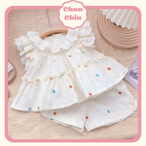 S077 Chun Chin | Set Cánh Tiên Thêu Cherry Cổ Ren Cho Bé Gái 8-20kg ...