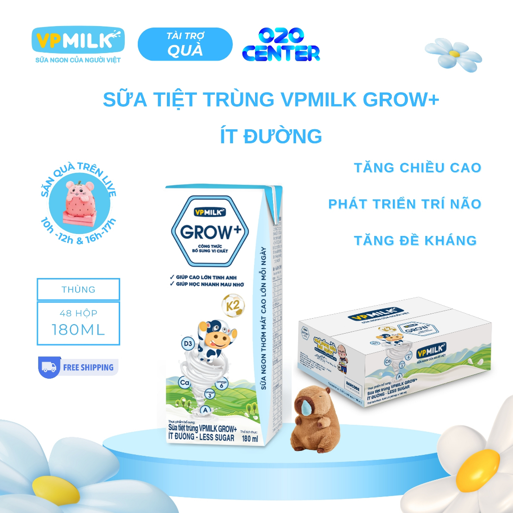 [Thùng 48 hộp 180ml] Sữa VPMIlk Grow+, vị sữa ngon, bé phát triển toàn ...