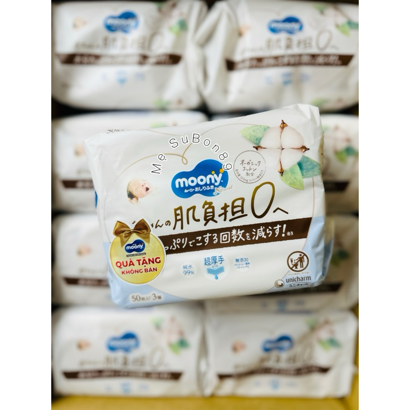 Set 3 gói Khăn ướt/ Giấy ướt Moony Natural 50 miếng x 3 gói Organic Cotton êm mềm dày dặn ...