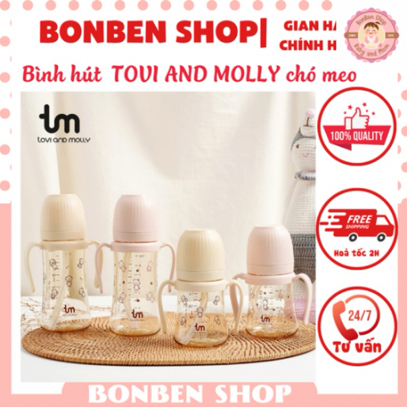Bình hút Tovi and Molly tay cầm xiay 360 độ hoạ tiết Mèo Chó 2025 dung tích 180ml 280ml [Tặng cọ ...