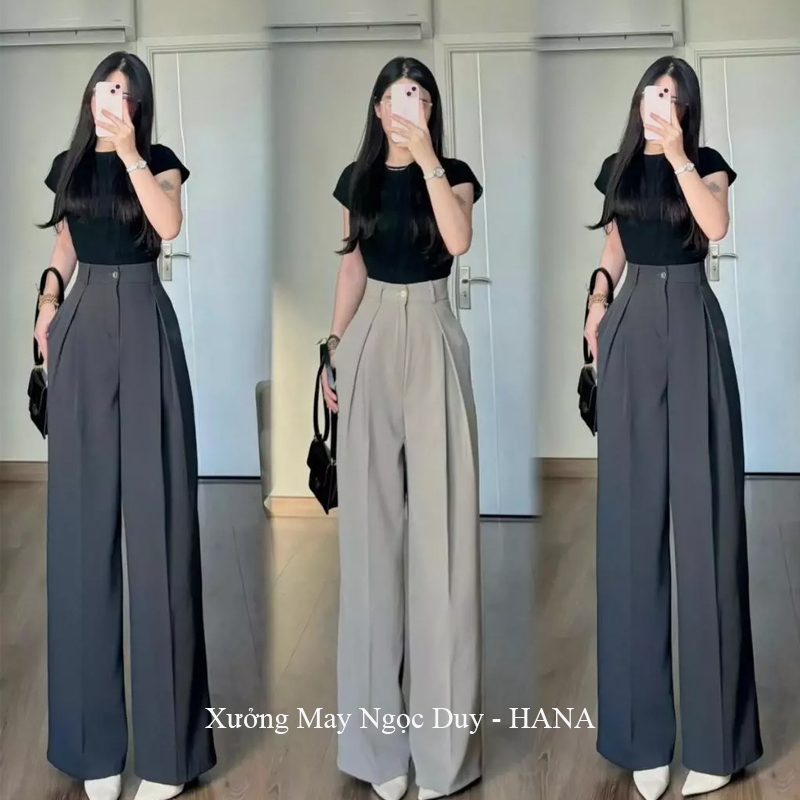 Quần Ống Rộng Ly V 1 Khuy Lưng Cao Vải Gold Nhật Màu Đen Ghi - Quần Ống Suông Dài Nữ M55 m60 m65 ...