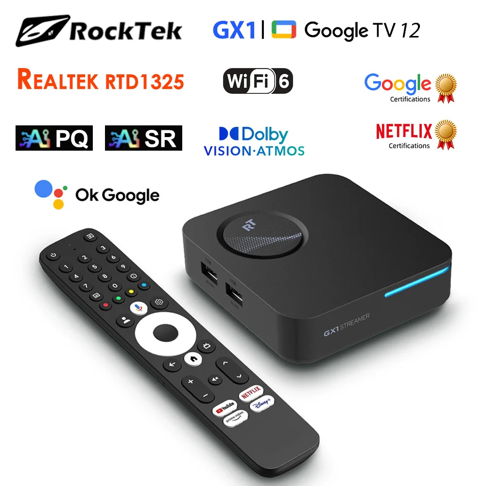 Android TV Box RockTek GX1, Google TV 12, chứng nhận Netflix, Google, Realtek RTD1325, RAM 4GB ...