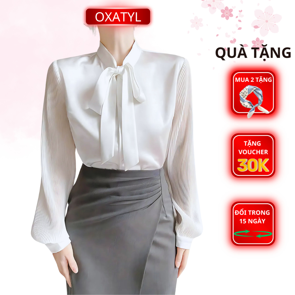 Áo sơ mi tay von cao cấp cổ áo kiểu thắt nơ áo dài tay chất lụa mịn ...