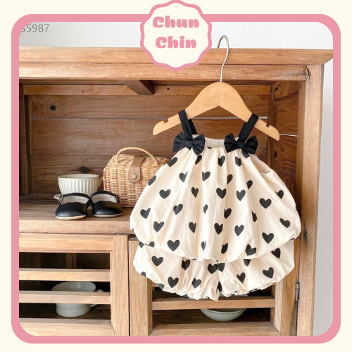 S167 Chun Chin | Set Áo 2 Dây Đính Nơ Tim Đen Quần Bí Cho Bé Gái 9-25kg ...