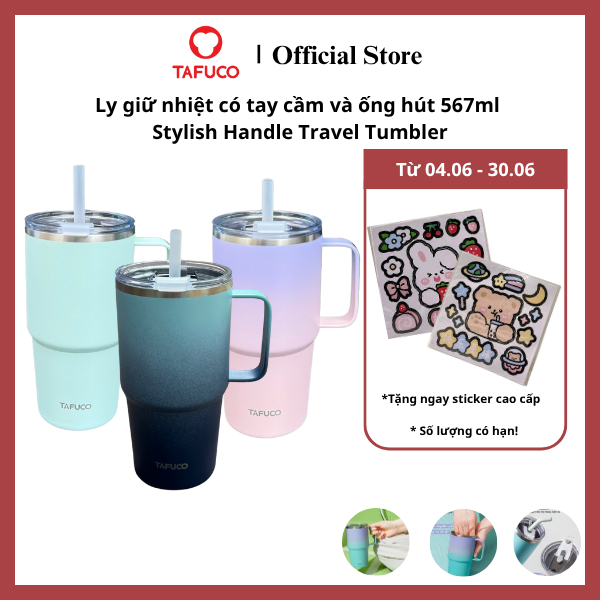 Ly giữ nhiệt TAFUCO 567ml inox 304 có tay cầm + ống hút nhựa PP Stylish ...