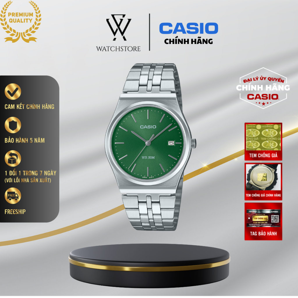 Đồng Hồ Nam MTP-B145D-3AVDF Màu Xanh Lá Cây Mặt Kính Khoáng 35mm Chống Nước Kim Đen Dây Kim Loại ...