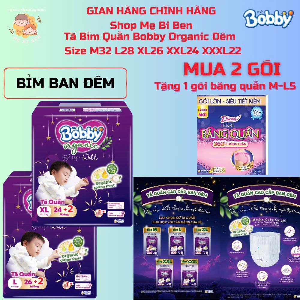 [Bỉm đêm] Combo 2 Gói Tã Bỉm Quần Bobby Organic Sleep Well mẫu mới cao ...