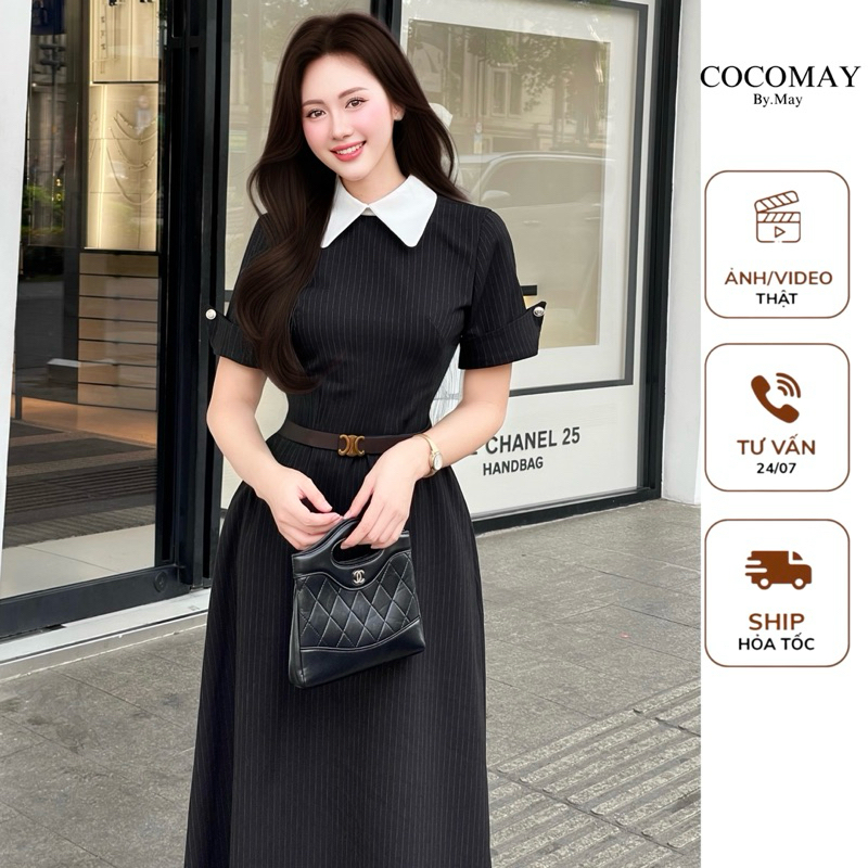 COCOMAY - Đầm Noir Élise Cổ Trắng Dáng Dài kẻ sọc | Shopee Việt Nam
