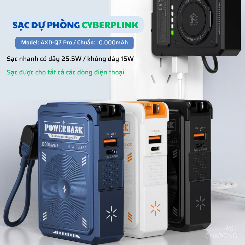 Sạc Dự Phòng CYBERPLINK AXD-Q7 Pro Chuẩn 10.000mAh Sạc Nhanh Có Dây 22.5W/Không Dây 15W, Kiêm Củ ...
