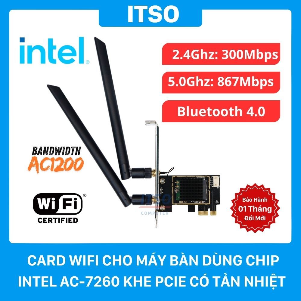 Card Wifi dùng chip Intel AC-7260 Khe PCIe Có Tản Nhiệt Dùng Cho Máy Bàn | Shopee Việt Nam