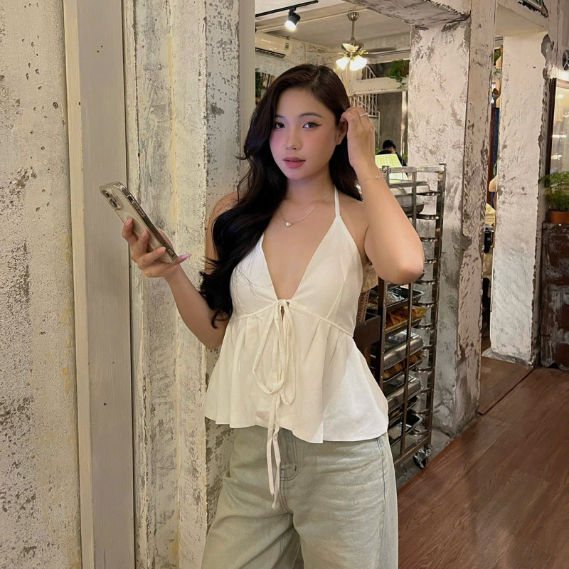 Áo Cổ Yếm Dây Xẻ Ngực Hở Lưng Có Mút Nữ Tính Chất Linen - Tei Top V2 | Shopee Việt Nam