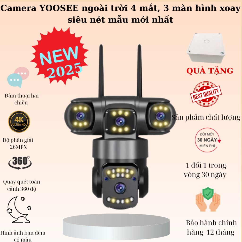 Camera YOOSEE WIFI ngoài trời 4 mắt 3 màn hình 26MPX tích hợp LED siêu ...