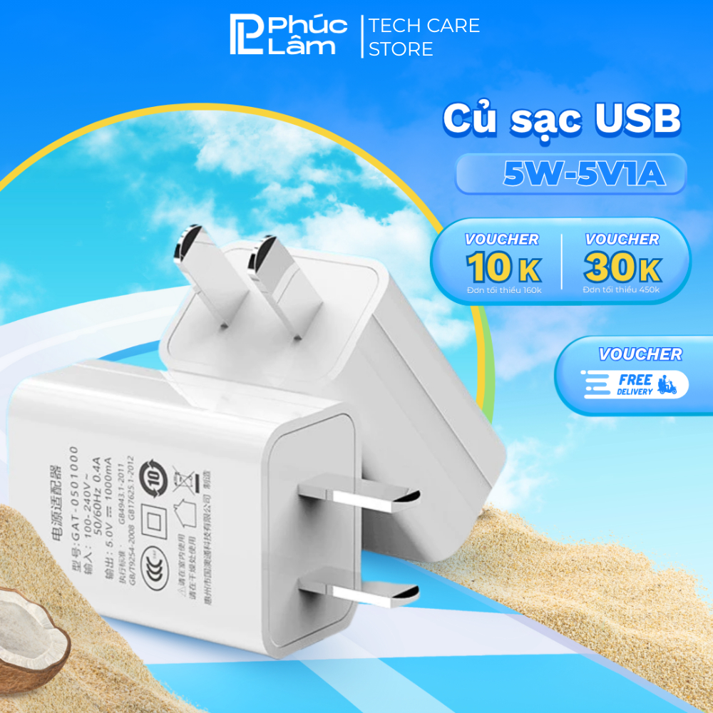 Củ sạc USB 5W-5V1A, 10W-5V2A chống cháy, cấp nguồn đa năng cho điện thoại, đèn ngủ và đồng hồ ...