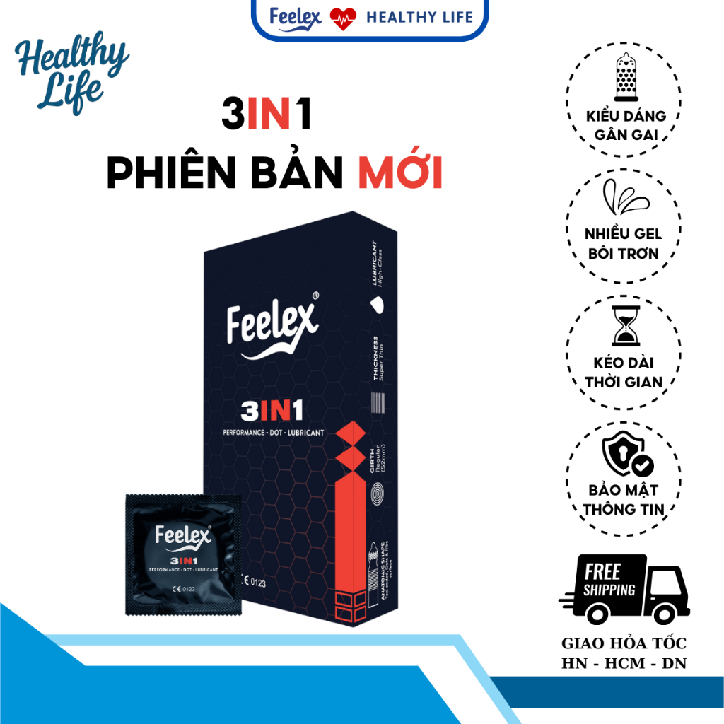 Bao cao su Feelex 3 in 1 gân gai, nhiều gel, nhiều mùi hương - Hộp 10 ...