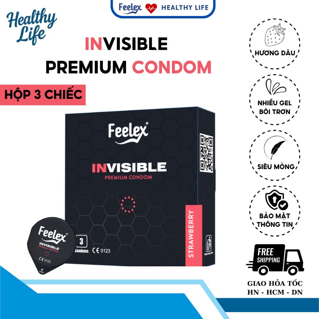 Bao cao su Feelex Invisible siêu mỏng, nhiều gel bôi trơn, hương dâu ...