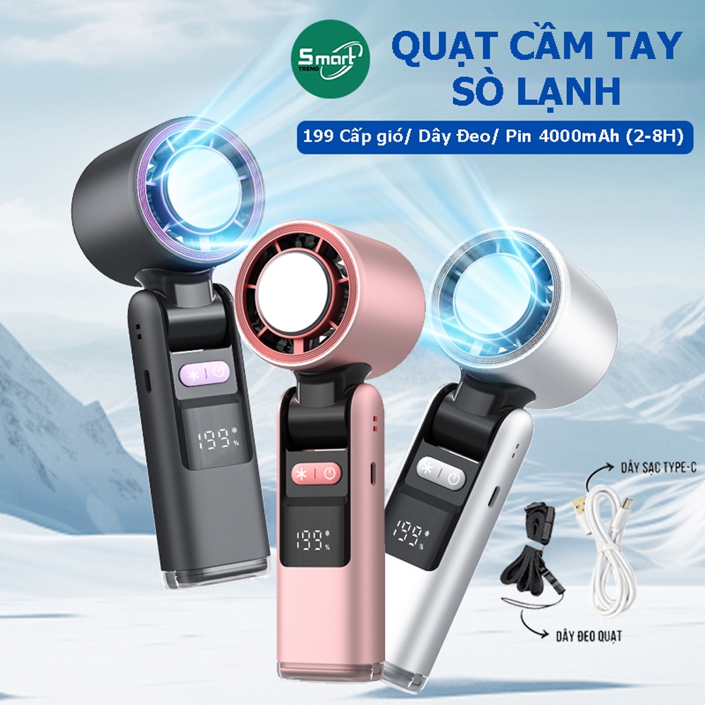 Quạt Cầm Tay Sò Lạnh K801/JF138 – 199 Cấp Gió, Pin 4000mAh, Kèm Đèn Pin, Dây Đeo & Cáp Sạc ...