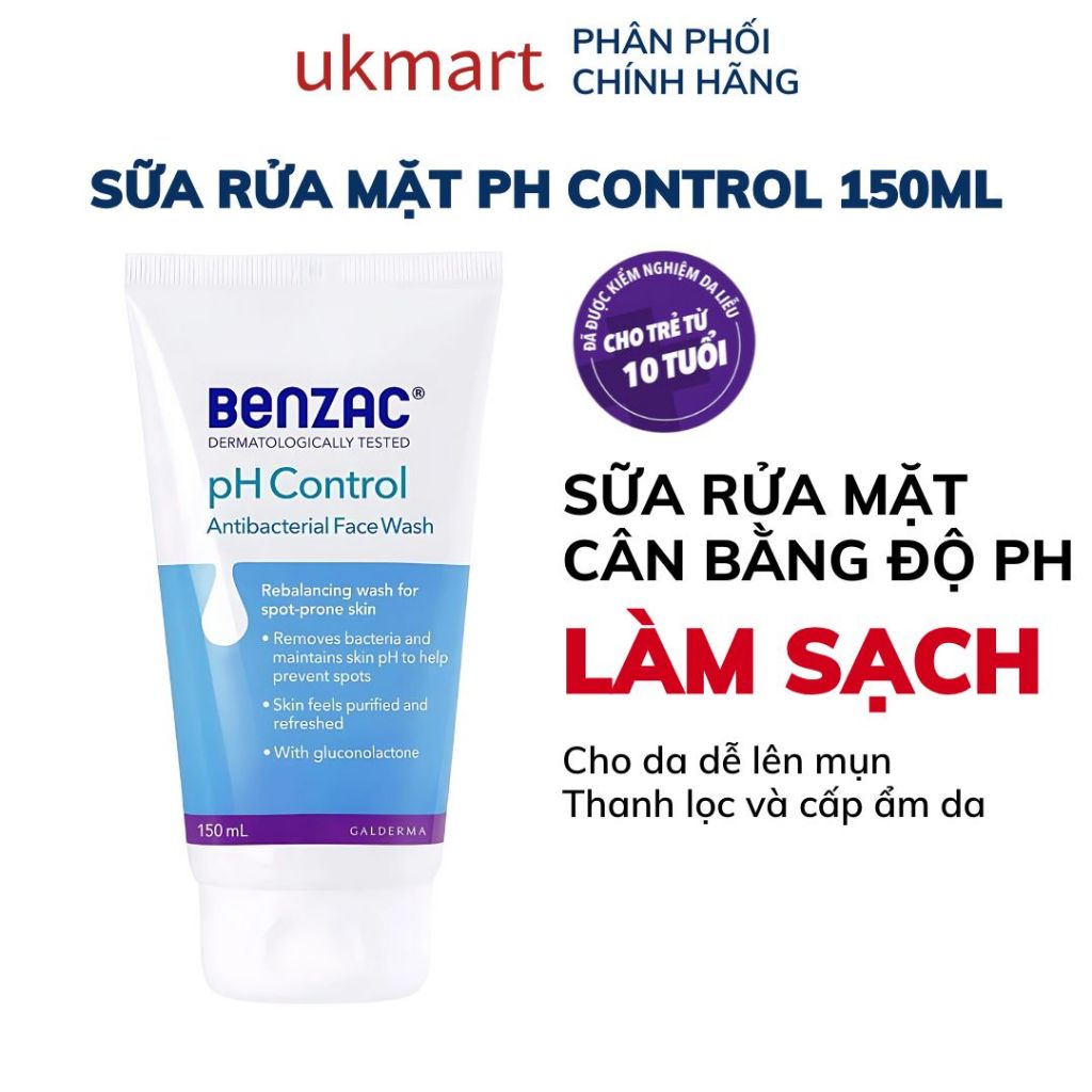 Sữa rửa mặt giúp diệt khuẩn & cân bằng pH cho da mụn BENZAC pH Control Antibacterial Wash 150ml ...