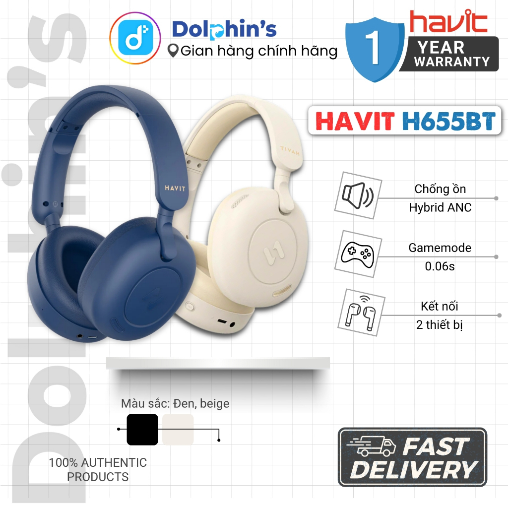 Tai Nghe Headphone Bluetooth HAVIT H655BT, BT 5.3, Chống Ồn Hybrid ANC, Gamemode 0.06s, Nghe Đến ...