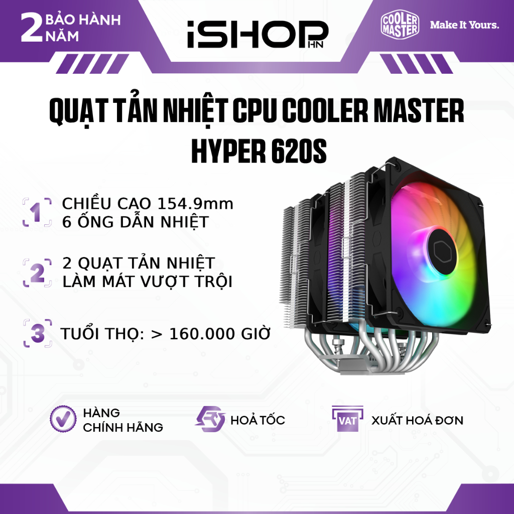 Quạt Tản Nhiệt CPU Cooler Master HYPER 620S, tháp quạt kép làm mát vượt trội, đèn ARGB, hàng ...