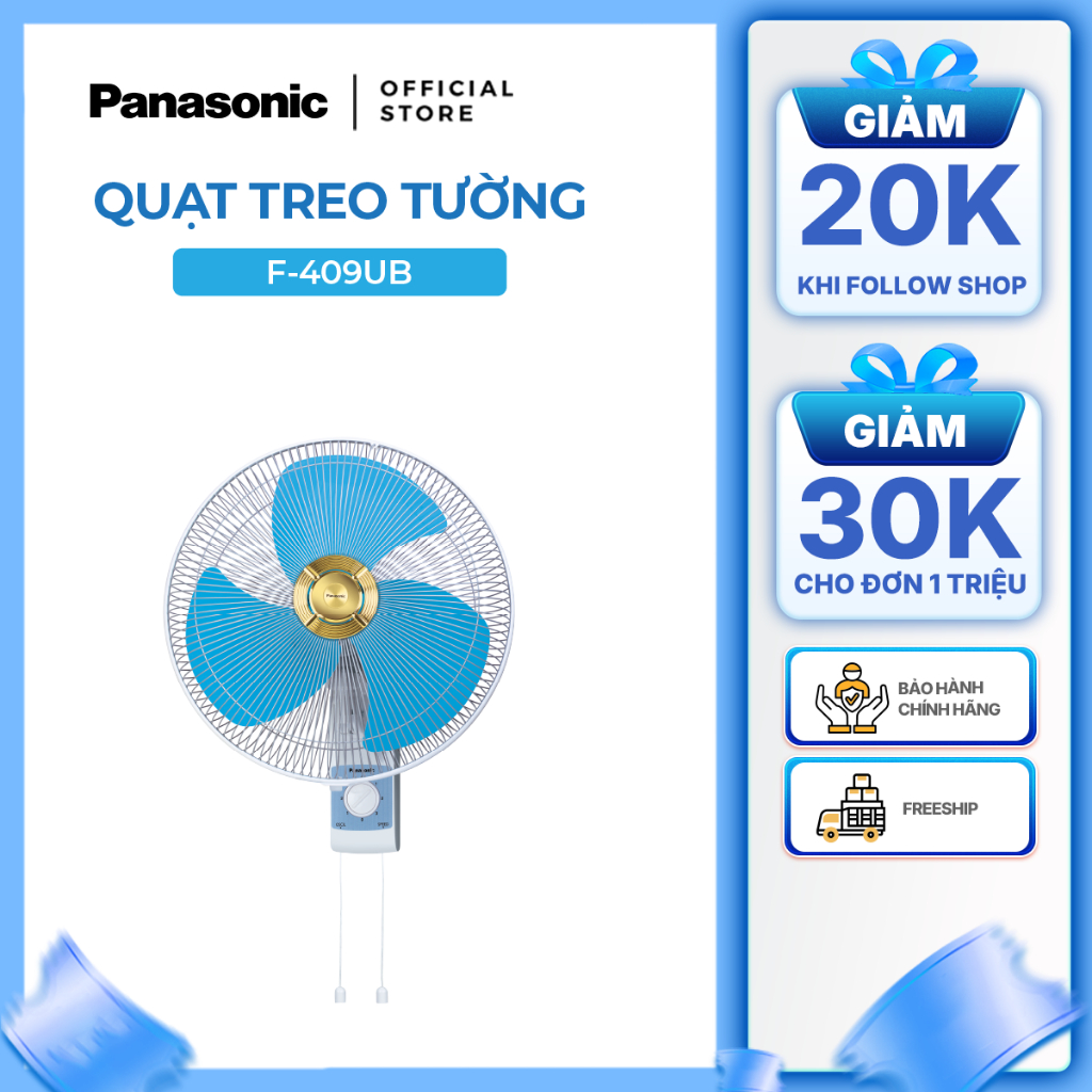 Quạt treo tường Panasonic model F-409U (màu xanh, vàng kim - 3 chế độ ...