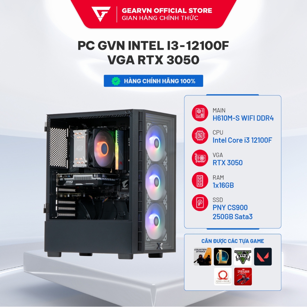 PC GVN Gaming Intel i3-12100F/ VGA RTX 3050 H610 - I3 Gen 12 - 3050 ...