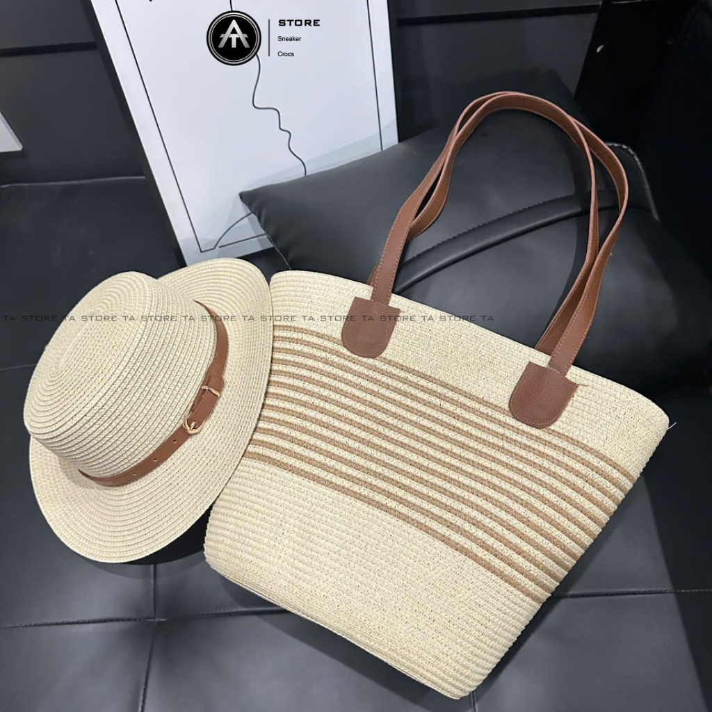 Set túi mũ cói quai da TA Store tua rua mix ngọc nơ ren đi biển đi chơi ...