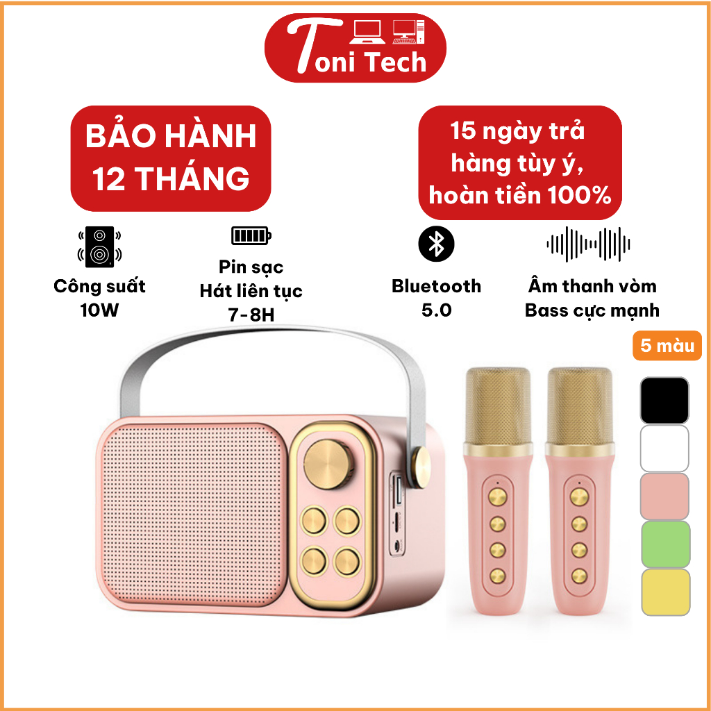 Loa Karaoke Mini Bluetooth kèm 2 Mic không dây công suất lớn, Bass mạnh ...