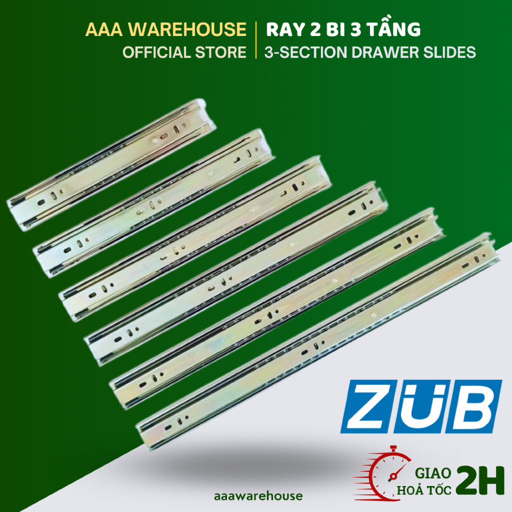 [ZUB 2 bi] Ray Trượt 2 Bi 3 Tầng ngăn kéo tủ bản rộng 35mm - Bộ 2 thanh ...
