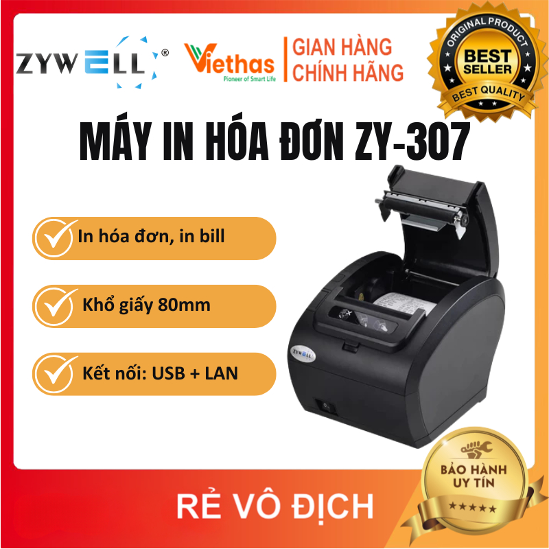 Máy in hóa đơn, in bill Zywell Zy307 khổ K80 tích hợp lấy số thứ tự, in ...