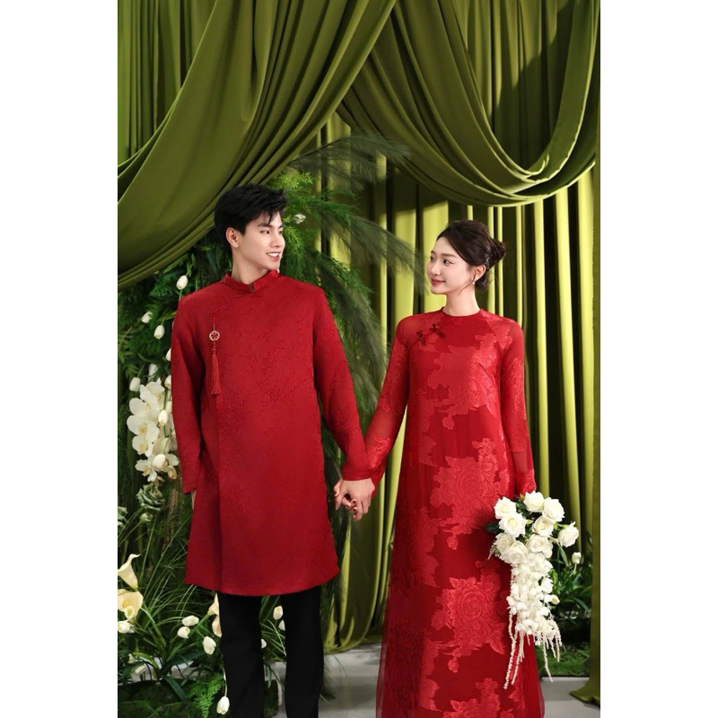 Áo dài Nam Nữ (Dâu Rể) chất liệu gấm hoa hồng phục vụ ăn hỏi, lễ Tết ...