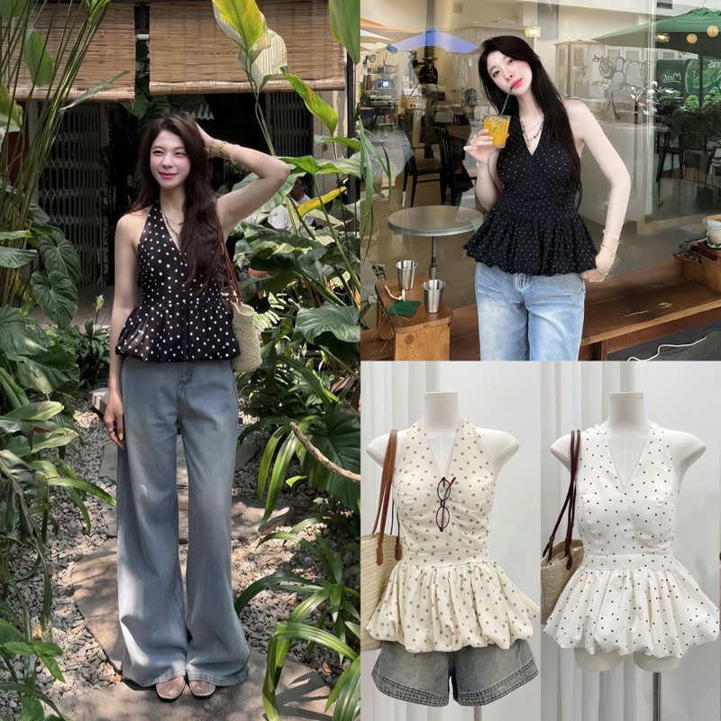 (Hàng L1 có sẵn SM có đệm mút) Áo cổ yếm hoạ tiết chấm bi dáng bí hở lưng chun sau DOTTIE TOP ...