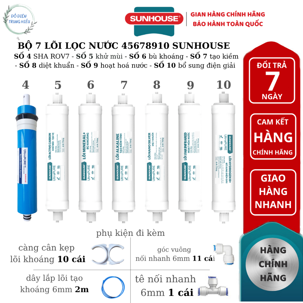 Bộ 7 lõi lọc nước 45678910 SUNHOUSE Hàng chính hãng - lắp được các loại ...