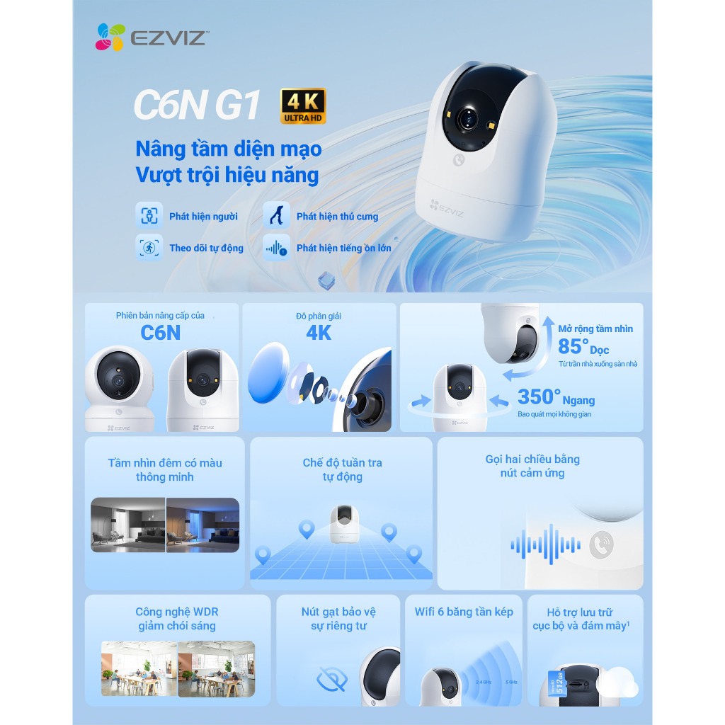Camera Wifi EZVIZ C6N G1 4K 8MP/ C6N G1 5MP/ C6N PRO 3MP/ H6C G1 - Xoay 360 Độ, Đàm Thoại 2 ...