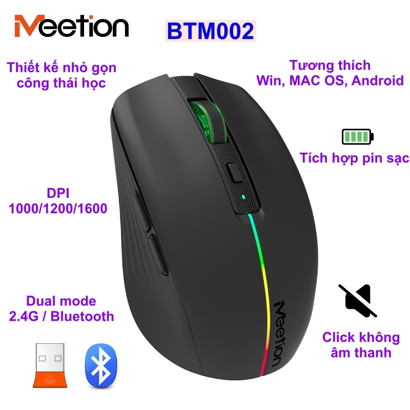 Chuột không dây Meetion BTM002 Dual Mode 2.4G+Bluetooth không ồn pin sạc tương thích nhiều thiết ...