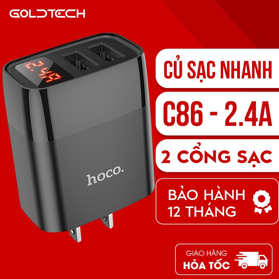 Củ sạc Hoco C86 2.4A gồm 2 cổng sạc và đèn LED báo dòng sạc hỗ trợ tối ...