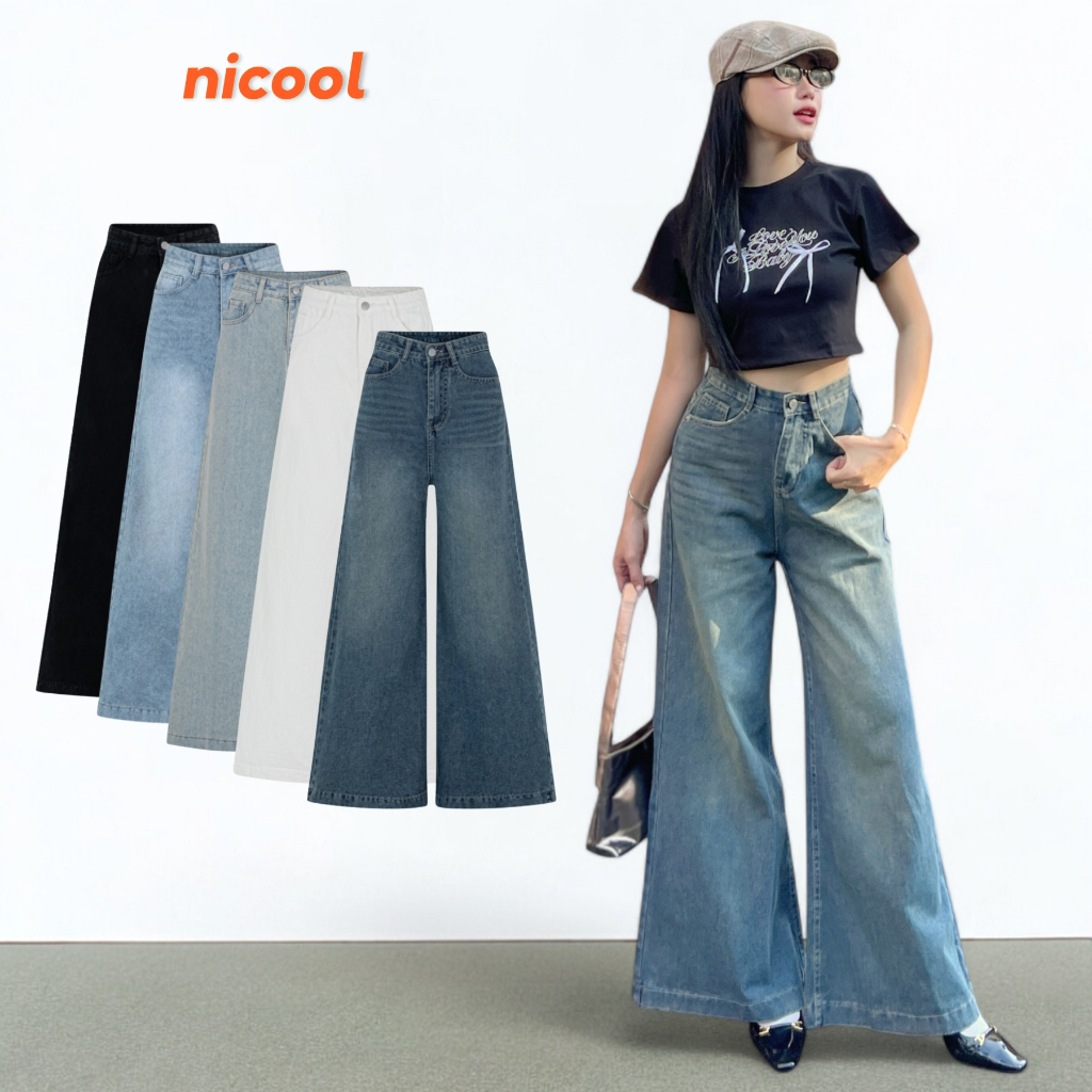 Quần jeans nữ NICOOL, quần bò nữ dáng suông dài ống loe rộng lưng cao ...