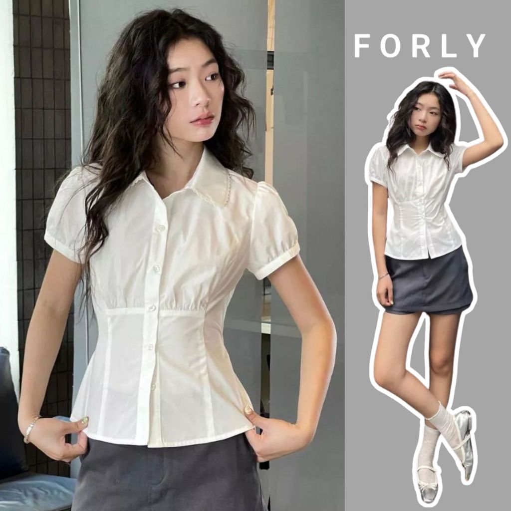 Áo Sơ Mi Nữ Ngắn Tay Forly Studio Áo Sơ Mi Cổ Phối Ren Chiết Eo Dây Cột Nơ T131 | Shopee Việt Nam