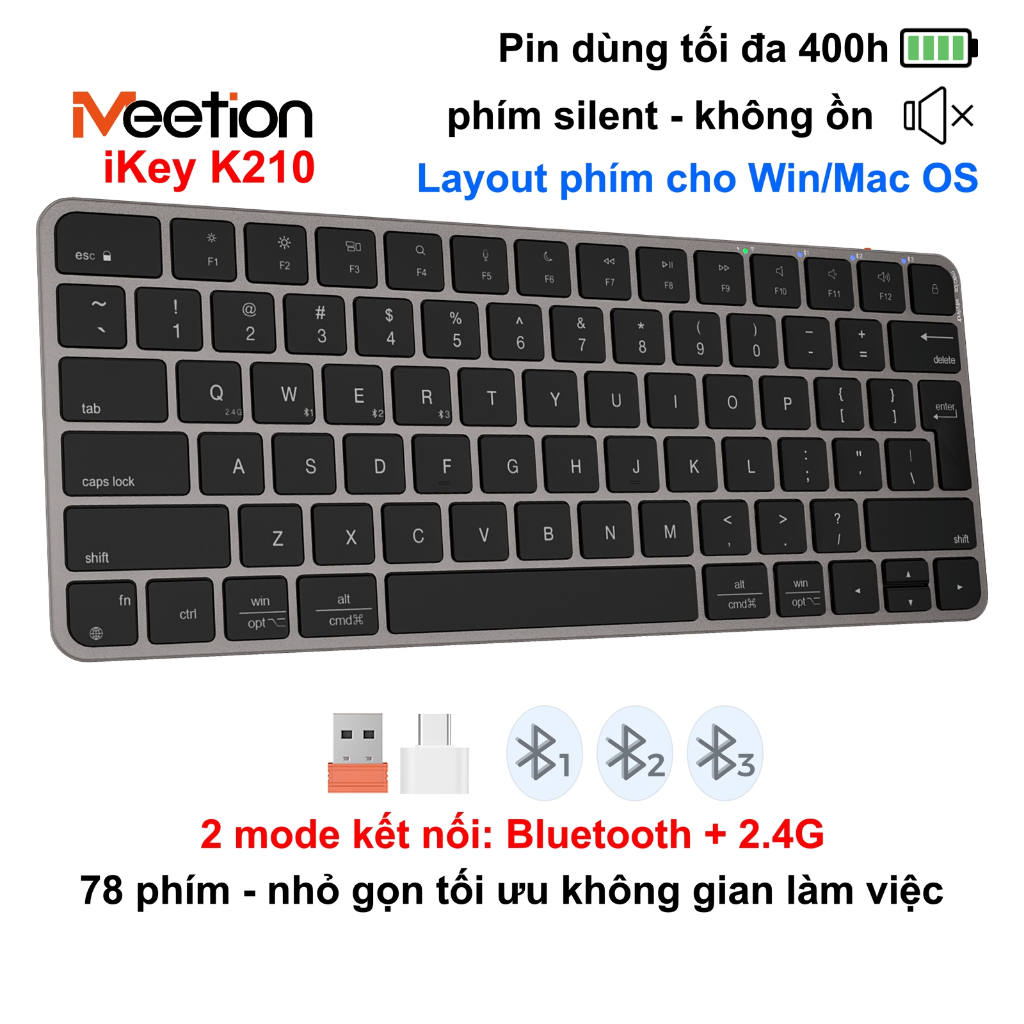 Bàn phím không dây Meetion iKey K210 không ồn 2 mode kết nối Bluetooth ...