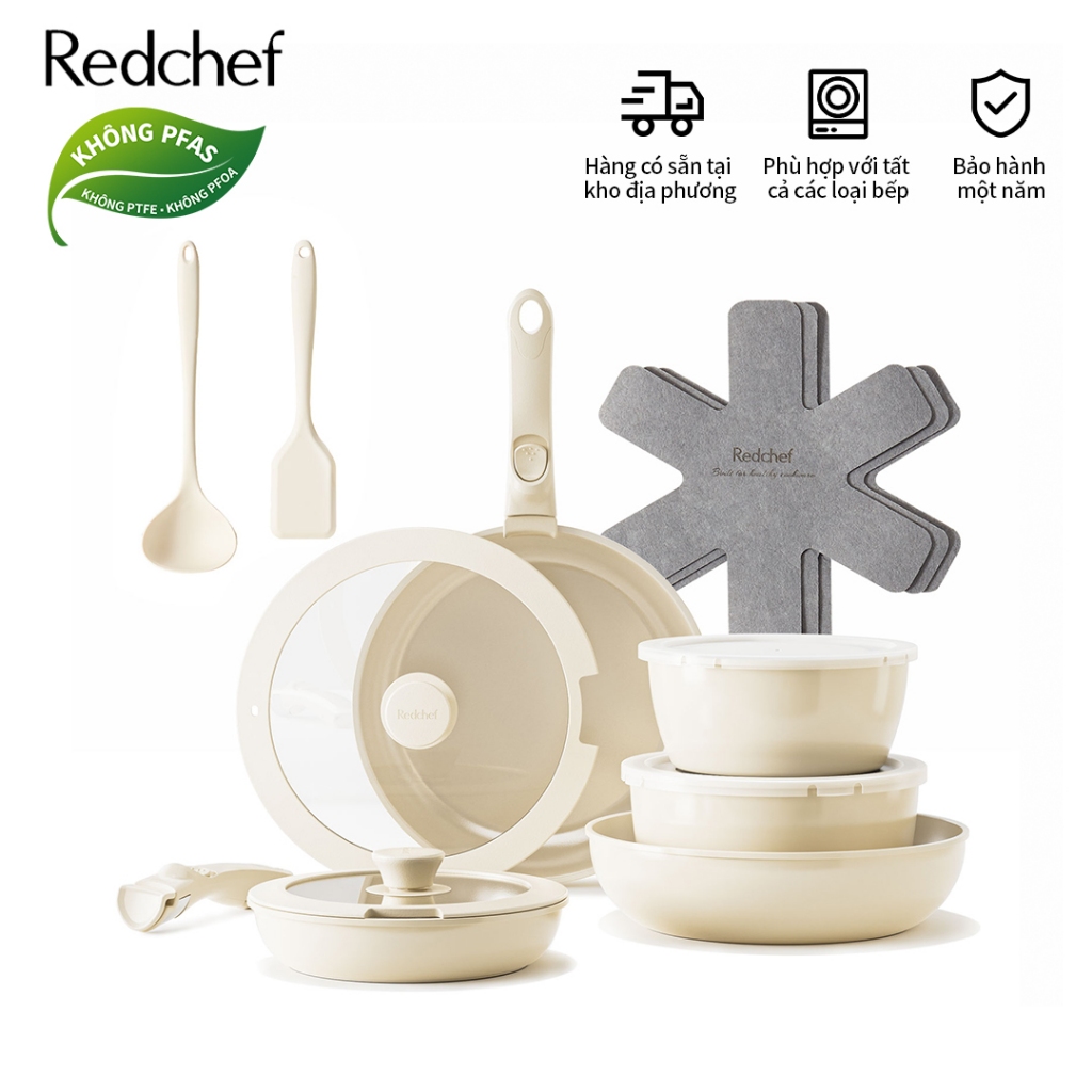 Redchef Bộ Dụng Cụ Nấu Ăn Đá Gốm Chống Dính 16 Món Tay Cầm Có Thể Tháo Rời Được Làm Bằng Chất ...